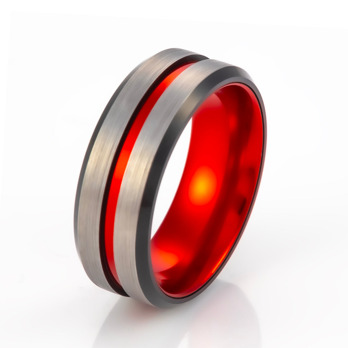 8mm - Red Tungsten Ring w/Black beveled edges w/Brushed center wedding ...