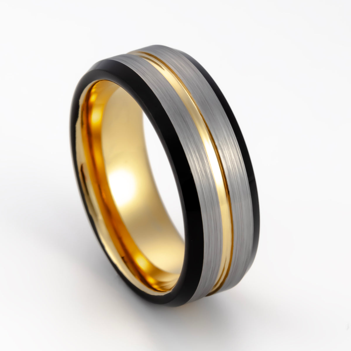 8mm- Gold Tungsten Carbide Wedding Ring w/ Brushed Center w/ black bev ...