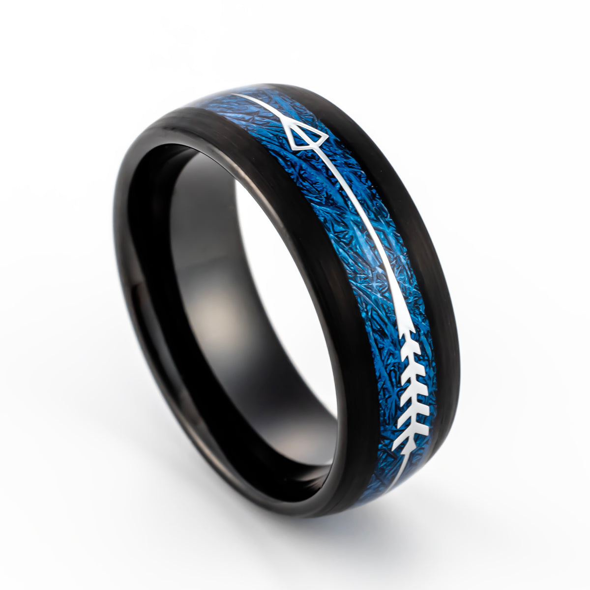 8mm-Black Tungsten Ring w/ Feathered Arrow inlay on Blue Meteorite ...