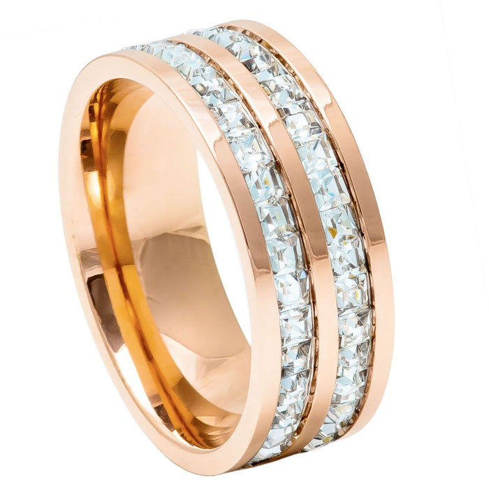 8mm Titanium Rose Gold Ring IP Plated Flat Top Double Row Princess Cut ...