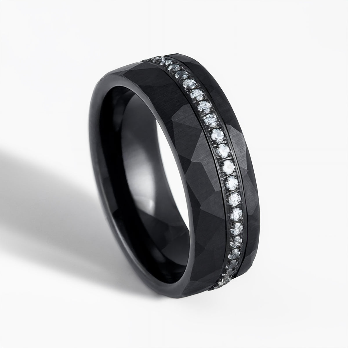 8mm Black Tungsten Hammered Wedding Band Off-center Eternity Diamonds ...