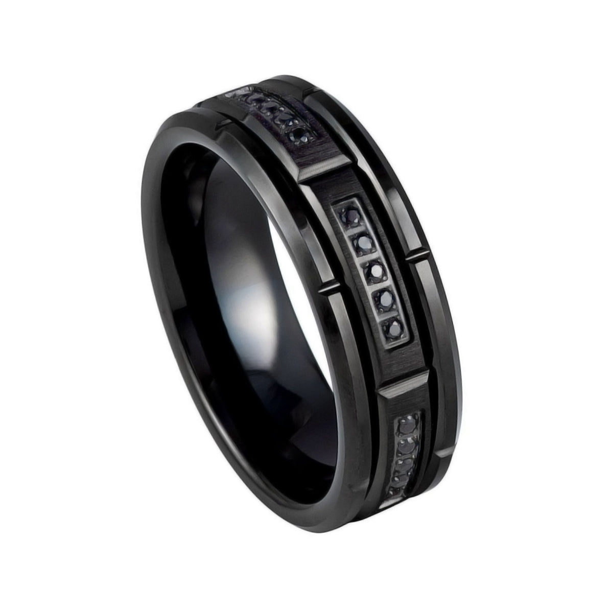 8mm- Mens Tungsten Ring Black Brick Pattern Brushed Sectional Diamonds ...