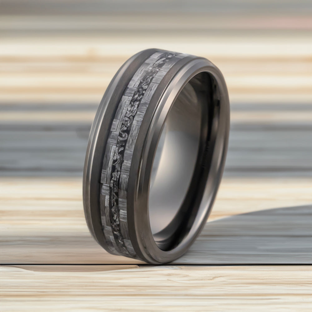 Mens Tungsten wedding Band Gunmetal Carbon Fiber Meteorite Inlay Ring ...