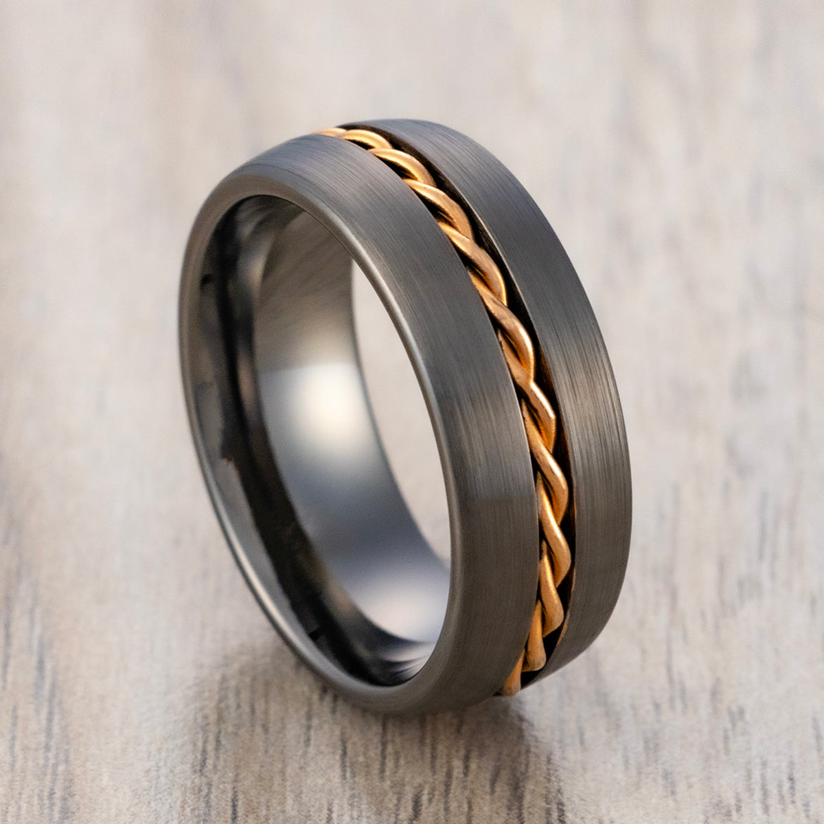 8mm - Tungsten Gunmetal Ring With Rose Gold Rope Inlay Dome Shape ...