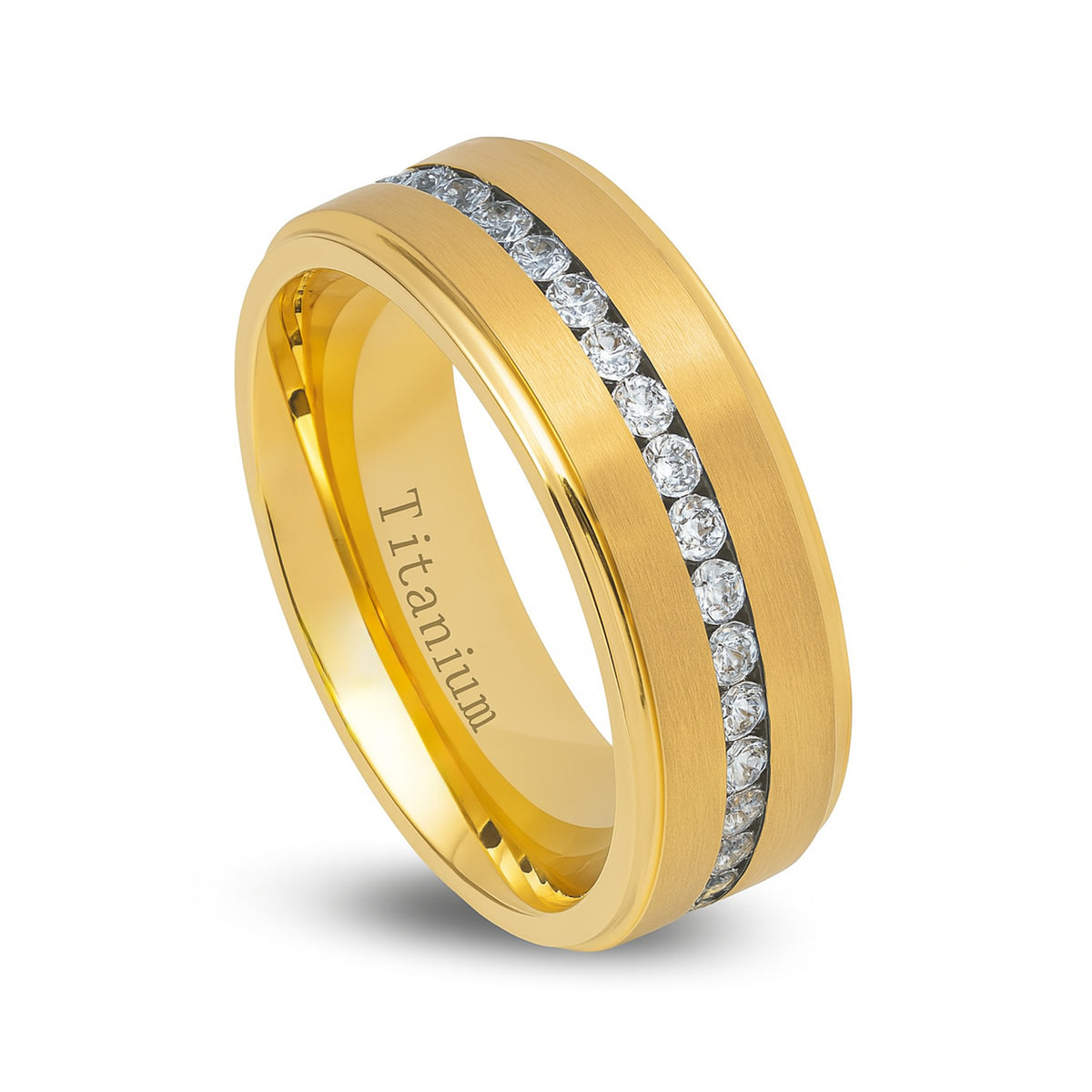 8mm Gold Titanium Ring Full Eternity Stepped Edges White CZ Diamonds ...