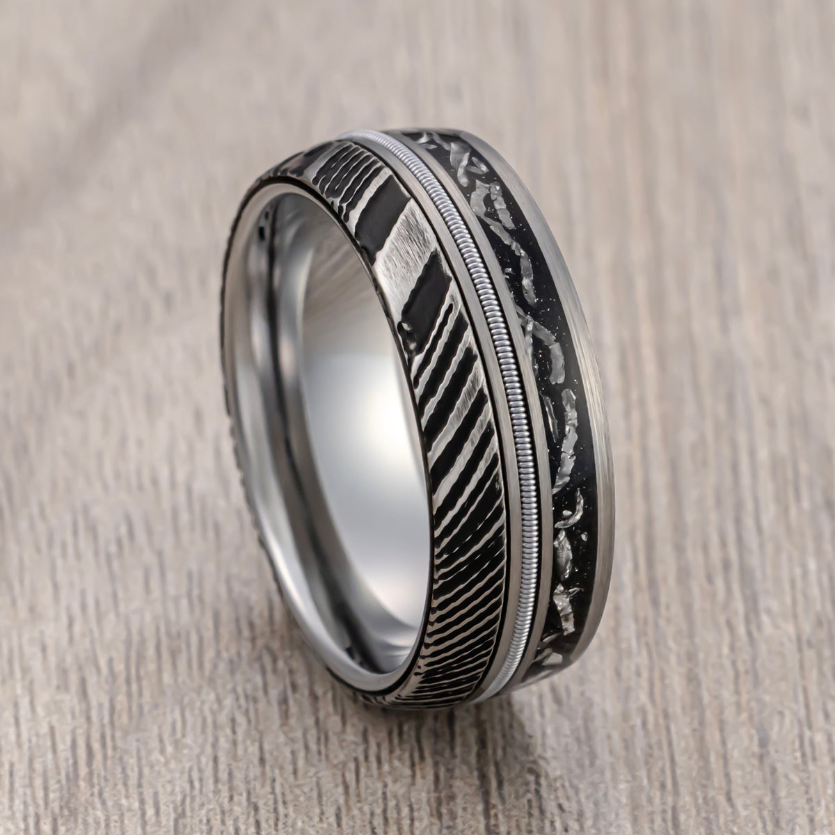 Tungsten Wedding Band Meteorite & Guitar String Inlay Damascus Steel ...