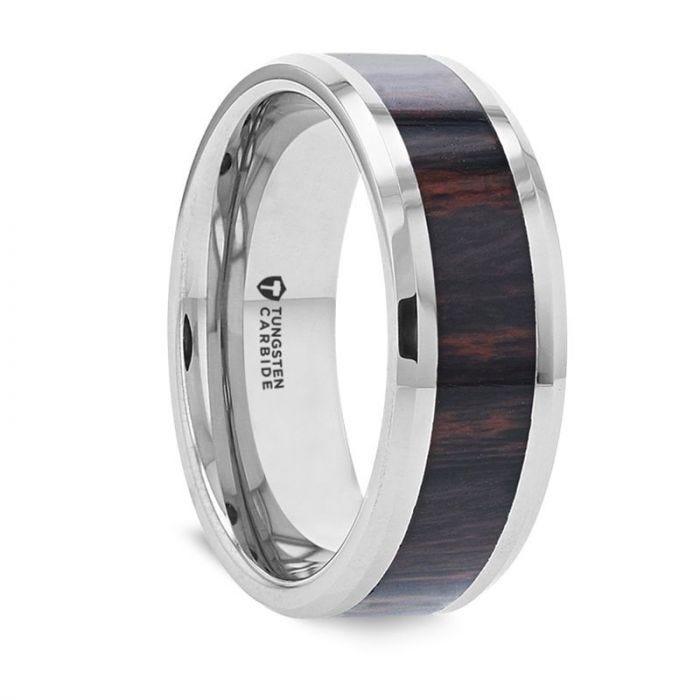 AZTEC Mahogany Inlaid Tungsten Ring with Polished Beveled Edges – 8mm ...