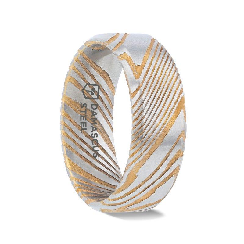 JOFFREY Gold Damascus Steel Beveled Band Artisan Pattern - 6mm & 8mm ...