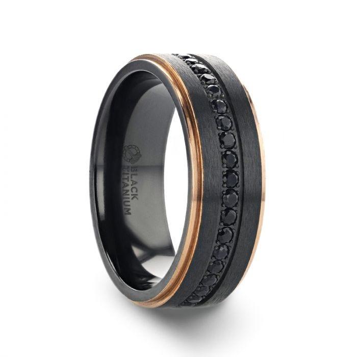 ASTRO Black Titanium Ring Rose Gold Plated Edge Black Sapphires - 8mm ...