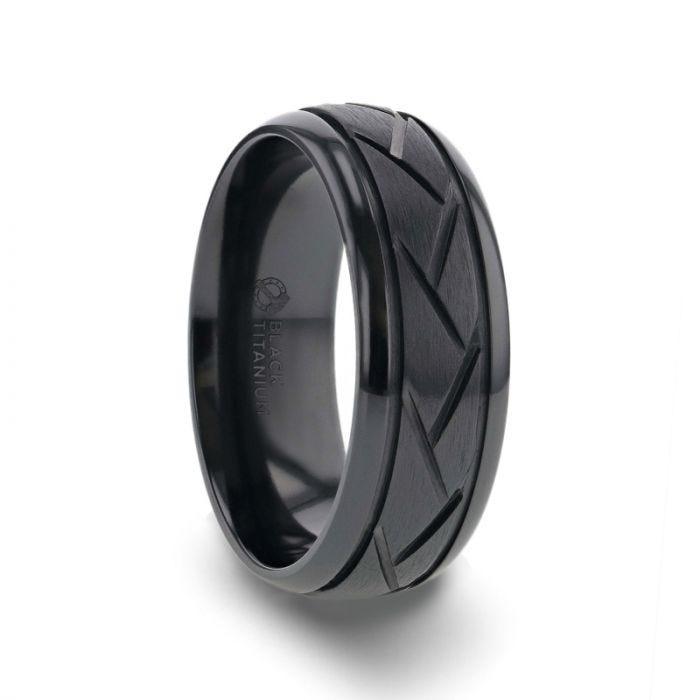 JAX Domed Black Titanium Ring Brushed Cross Diagonal Cut Pattern - 8mm ...