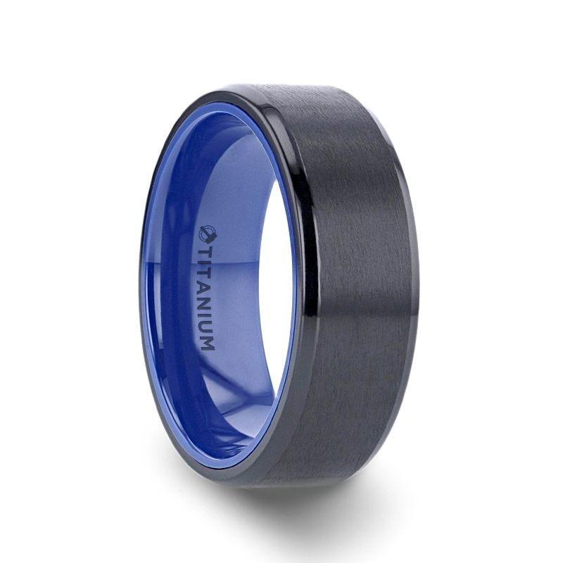 CASTOR Mens Black Titanium Wedding Band Brushed Blue Inside Inlay Ring ...