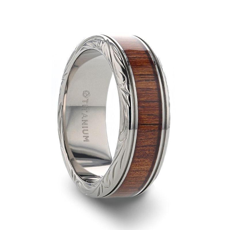 OHANA Koa Wood Titanium Men's Ring with Intricate Edges - 6mm - 10mm ...