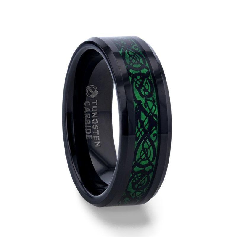 ALLURE Black Tungsten Ring with Green Inlaid Dragon Beveled Edge - 8mm ...