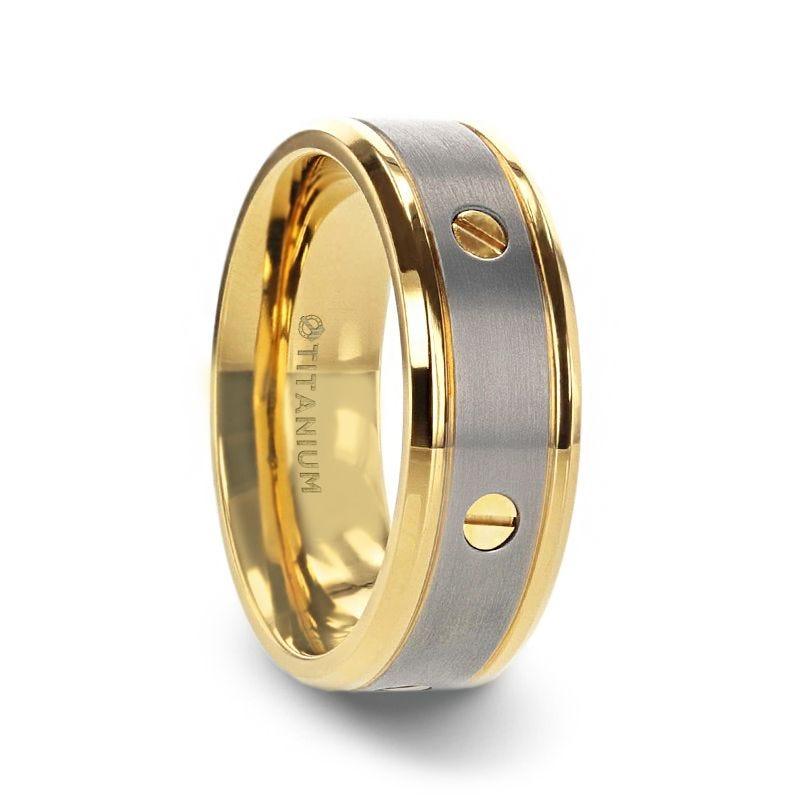 BOUNDLESS Gold Titanium Wedding Band Rotating Screws Beveled Edges 8mm ...
