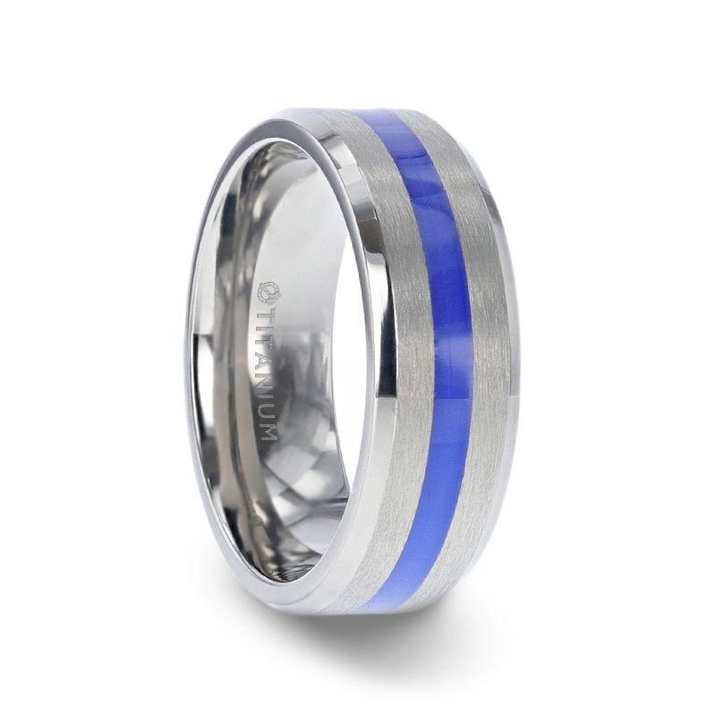 BARRY Blue Stripe Inlaid Titanium Brushed Ring Beveled Edges - 8mm ...