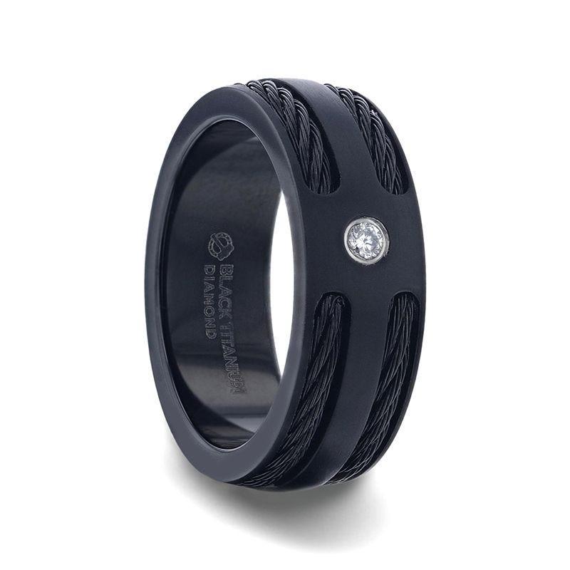 NOIR Black Rope Inlaid Matte Black Titanium Band White Diamond - 8mm ...