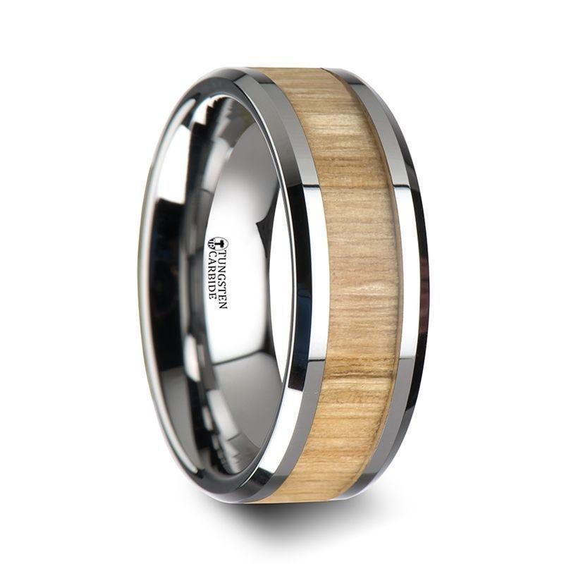 SAMARA Men's Tungsten Wedding Band Beveled Edges Ash Wood Inlay Ring ...