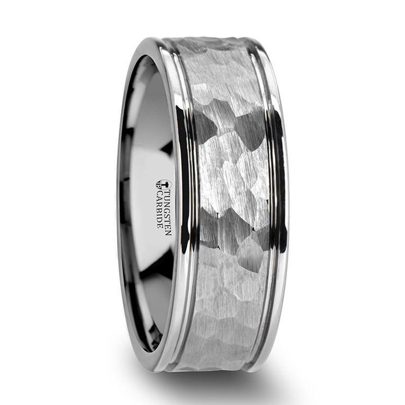 THORNTON Men's Silver Tungsten Carbide Wedding Band Grooved Hammered ...