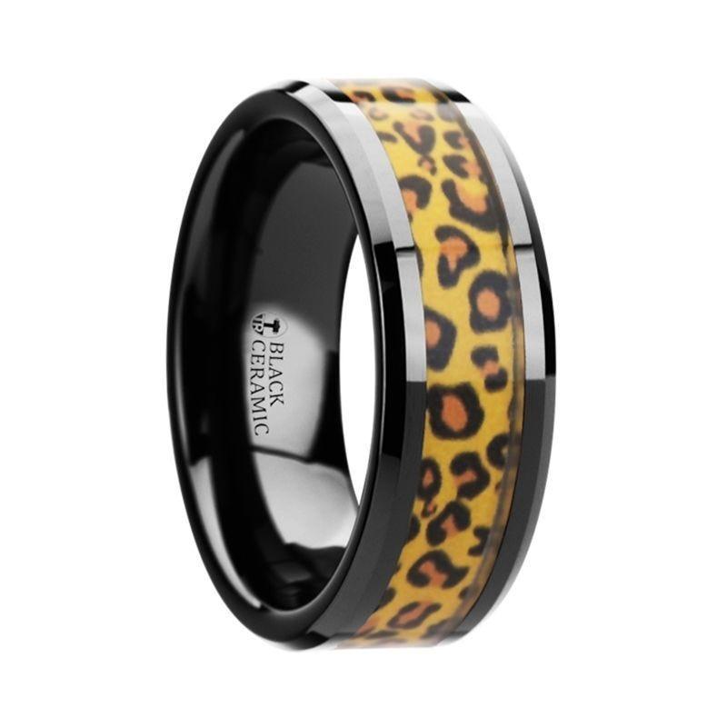 NAMIBIA Black Ceramic Wedding Band with Cheetah Print Inlay - 6mm, 8mm ...