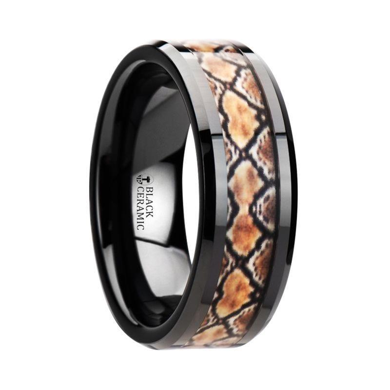 BASILISK Black Ceramic Ring with Boa Snake Skin Design Inlay - 8mm ...
