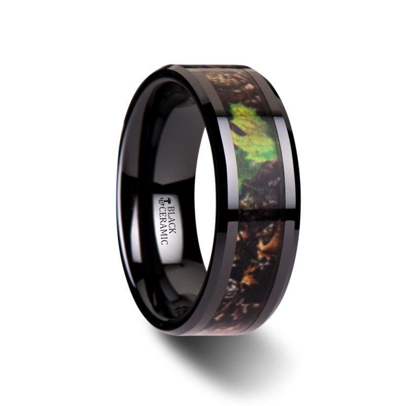 NIGHTFALL Tree Camo Black Ceramic Wedding Band with Green Leaves - 8mm ...