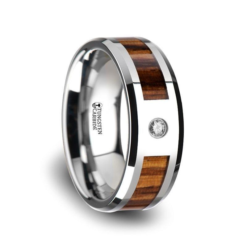 SABER Tungsten Carbide Diamond Ring with Beveled Edges Real Zebra Wood ...