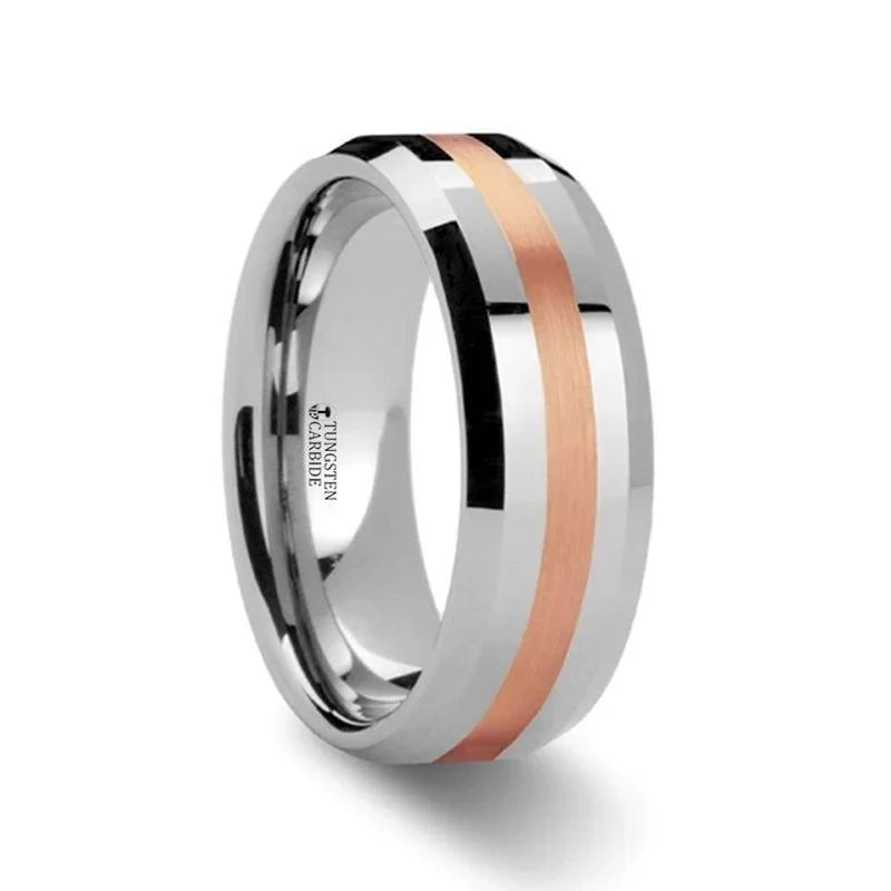 CHIRON Mens Silver Tungsten Wedding Band 2mm wide 14k Rose Gold Inlay ...
