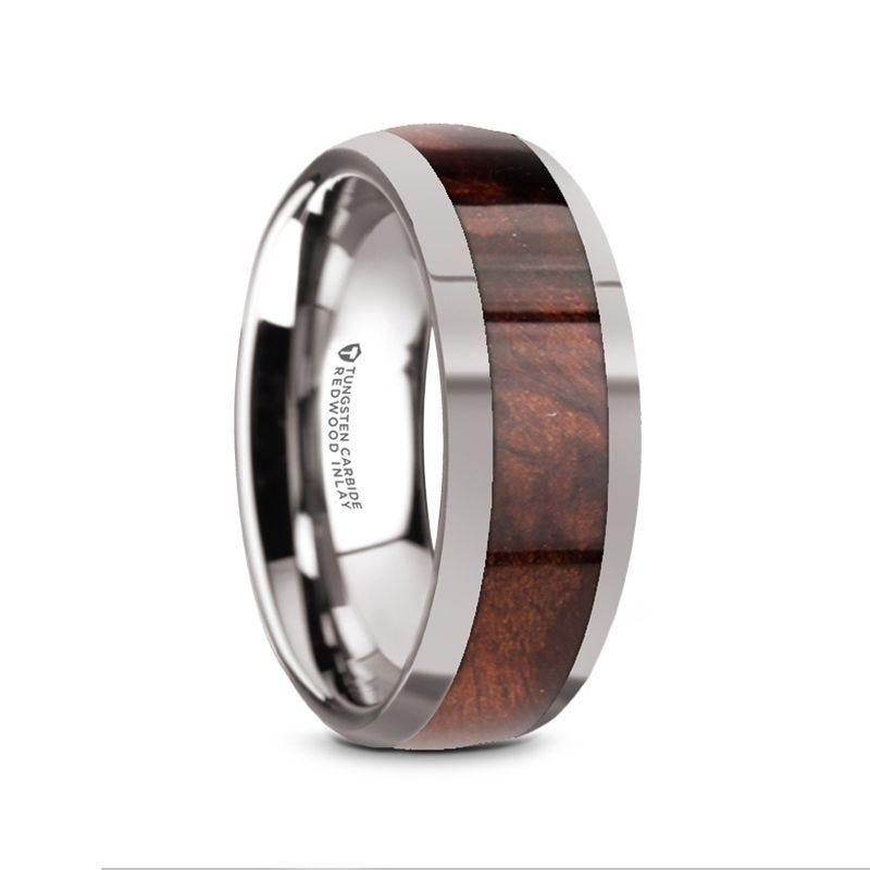 GROVE Men's Tungsten Polished Edges Domed Ring with Redwood Inlay 8mm ...