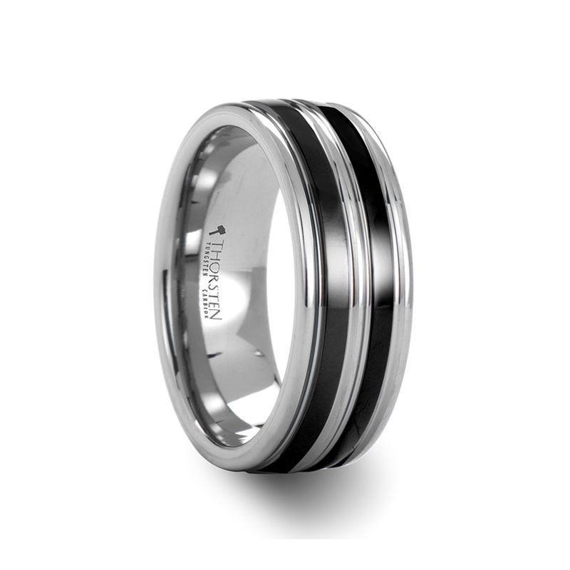 LEVIATHAN Grooved Tungsten Ring Dual Offset Black Ceramic Inlays - 8mm ...