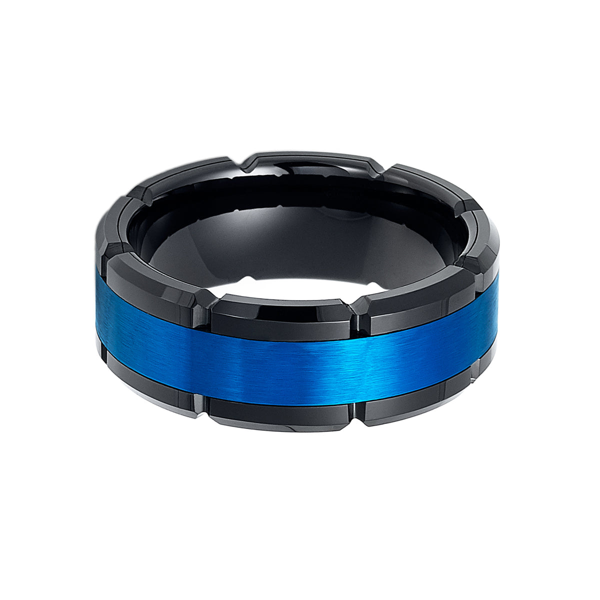 8mm Black & Blue Tungsten Carbide Notched Edges Wedding Ring, Engageme ...