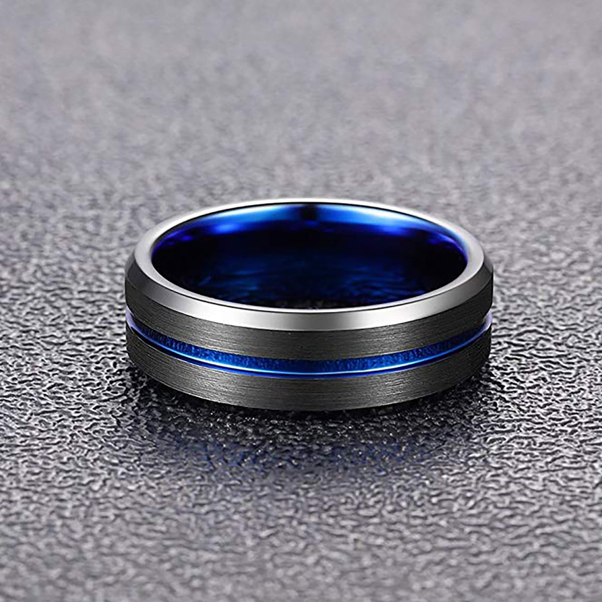 8mm - Black Blue Tungsten Carbide Ring - Grooved Beveled Edges - Weddi ...