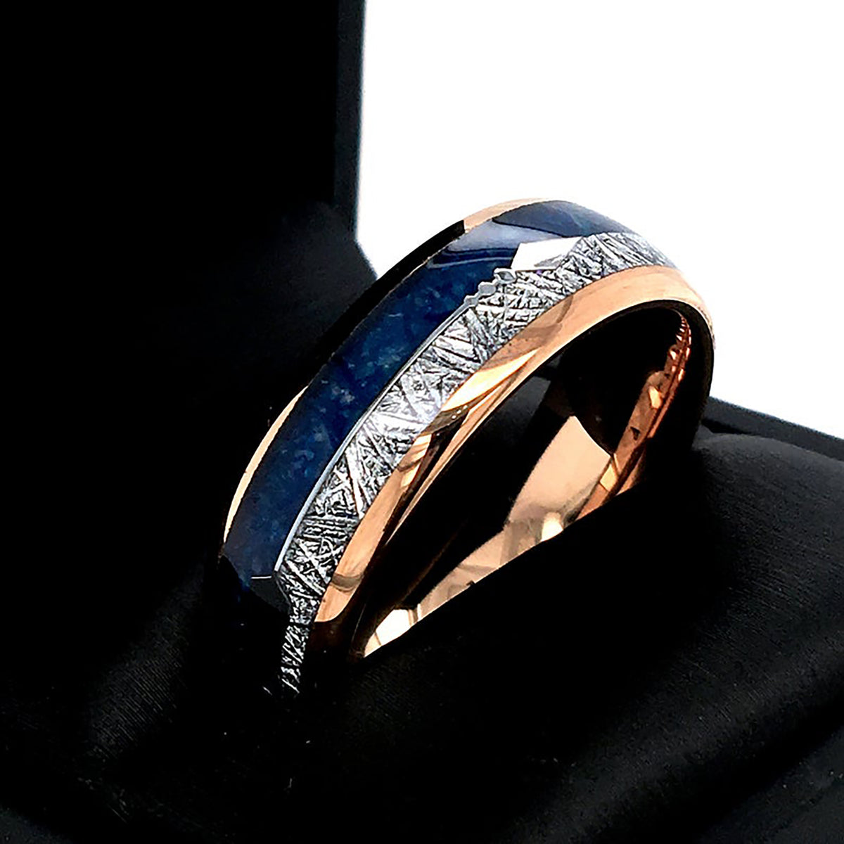 8mm- ROSE GOLD TUNGSTEN ARROW RING W/ BLUE LAPIS LAZULI, FAUX METEORIT ...