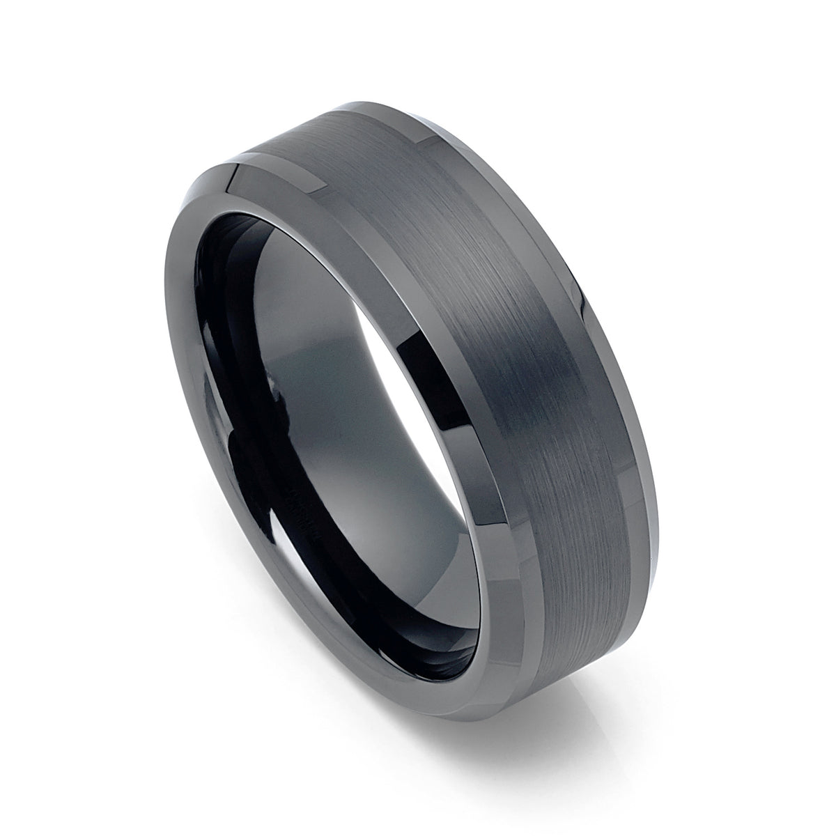 8mm Gunmetal Tungsten Carbide Wedding Ring with Brushed Center Beveled ...