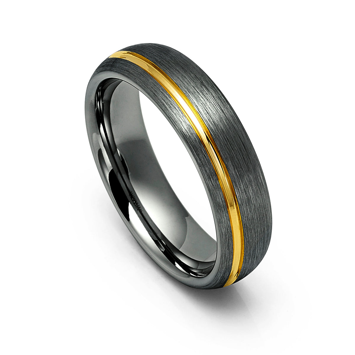 6mm - Tungsten Gun Metal Ring, Brushed Off-Center 18k Gold Grooved Rin ...