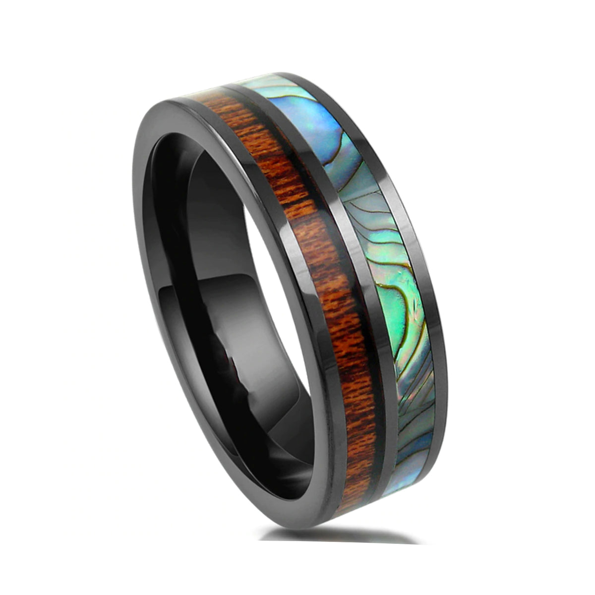 8mm Mens Black Tungsten Real Koa Wood Ring With ABALONE INLAY RING ...