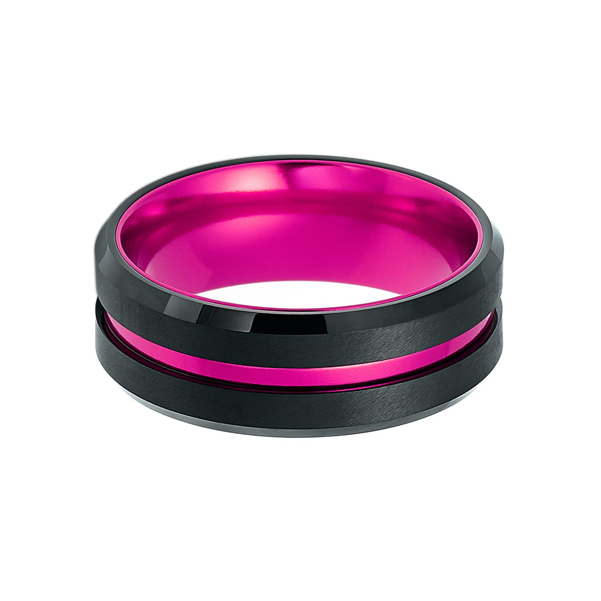 8mm - Black & Hot Pink Groove Tungsten Wedding Band Beveled Edges ...