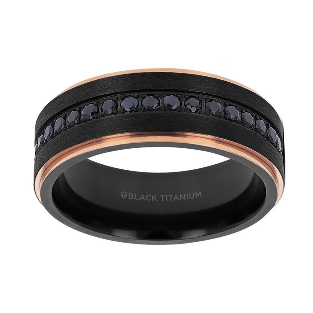 8mm ASTRO Brushed Black Titanium Ring W/ Rose Gold Edges & Black Sapph ...