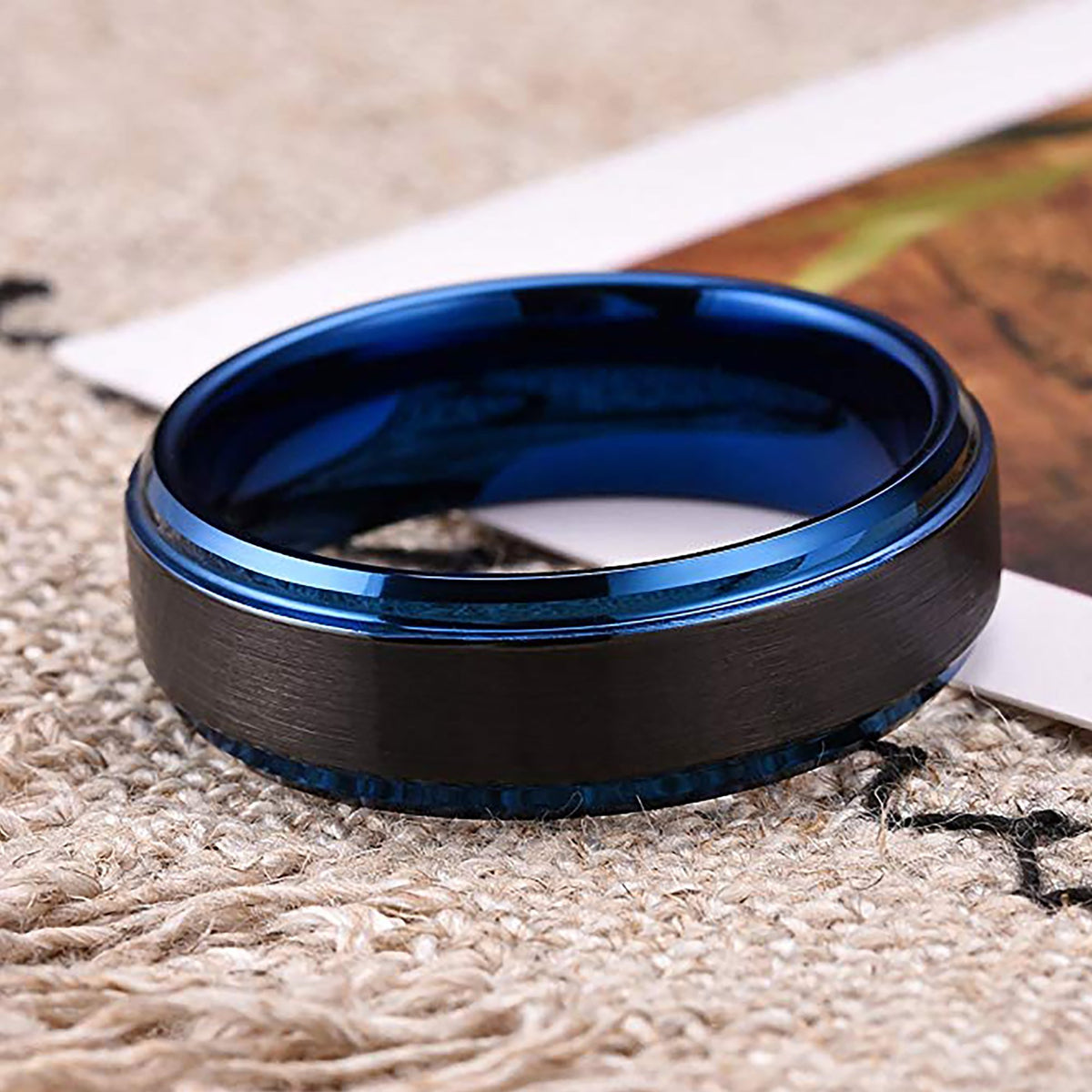 8mm - Tungsten Wedding Band Brushed Black & Blue Tungsten Carbide Wedd ...