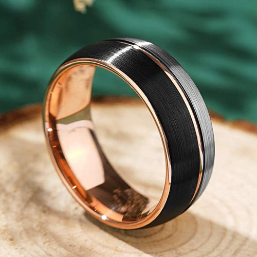 8mm Black & Rose Gold Tungsten Wedding Band, Brushed Rose Gold Groove | RingMen Jewelry